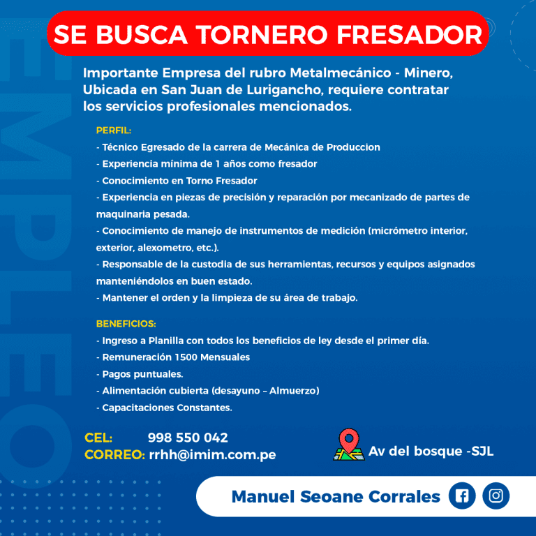 SE BUSCA TORNERO FRESADOR – Empresa del rubro Metalmecánico – Minero ...